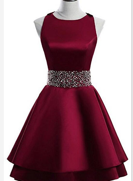 Dark Red Satin Short Two Layered Homecoming Dress, O-neckline Party ...