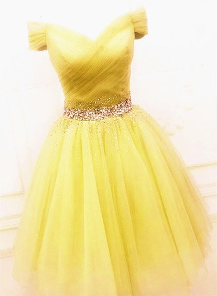 Lovely Light Yellow Short Tulle Off Shoulder Homecoming Dress, Yellow ...