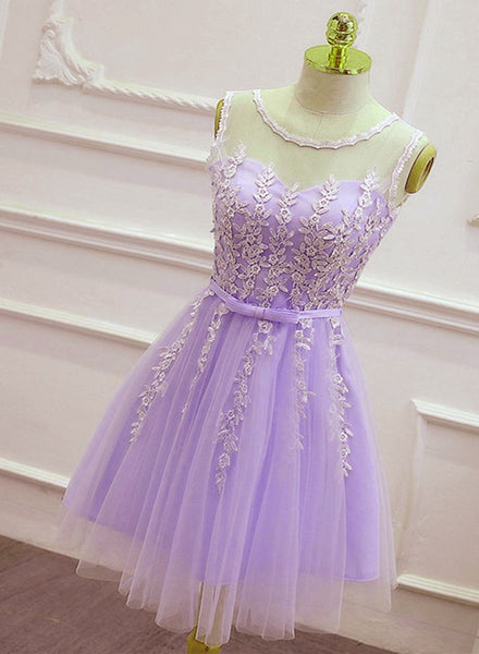 Light Purple Tulle Short Prom Dress, Lace Applique Formal Dress F015 on ...