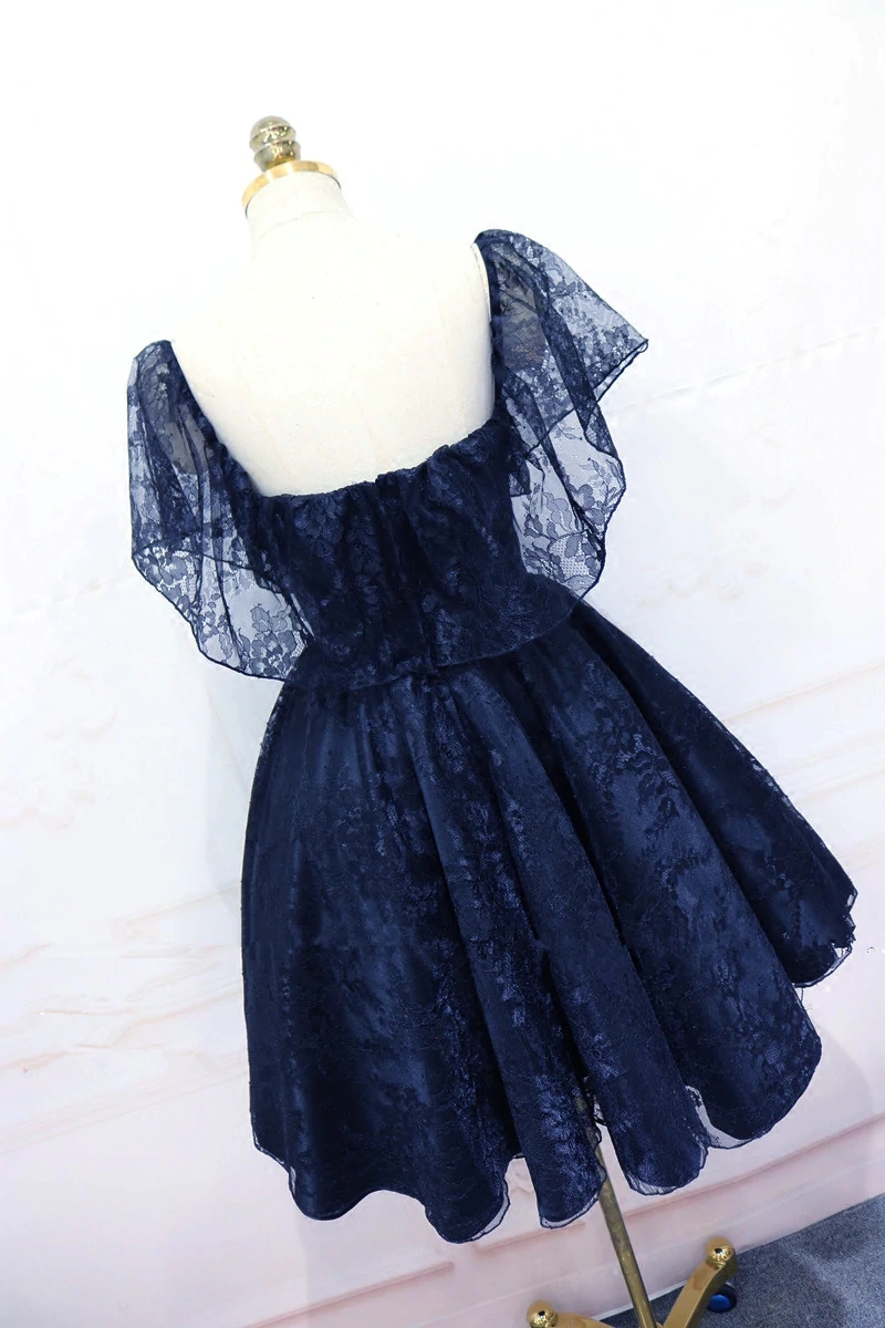 Lovely Navy Blue Lace Short Off Shoulder Prom Dress, Navy Blue Lace ...