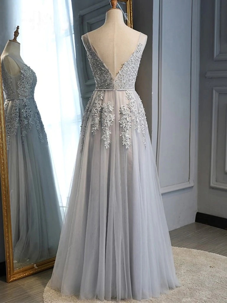 Gray Tulle With Lace Long Prom Dresses, A-line Floor Length Gray ...