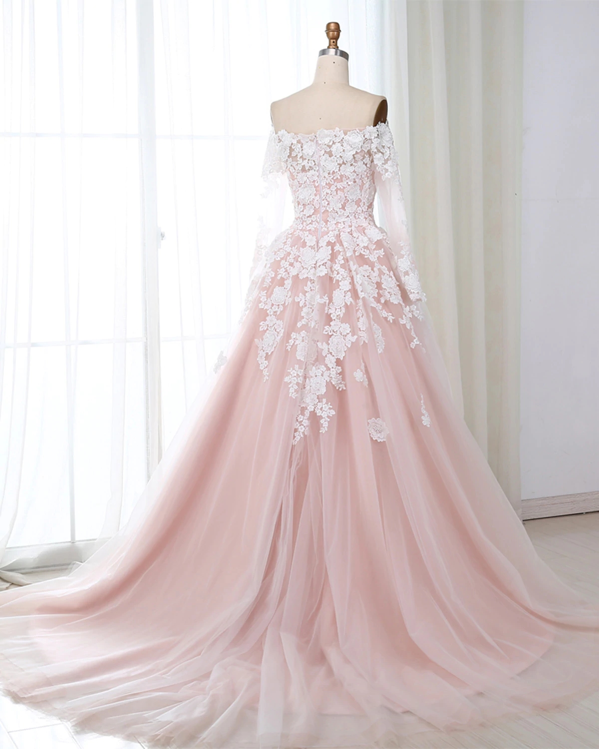 Pink Lace Tulle Long Sleeves Long Formal Dress, Pink Prom Dress ...