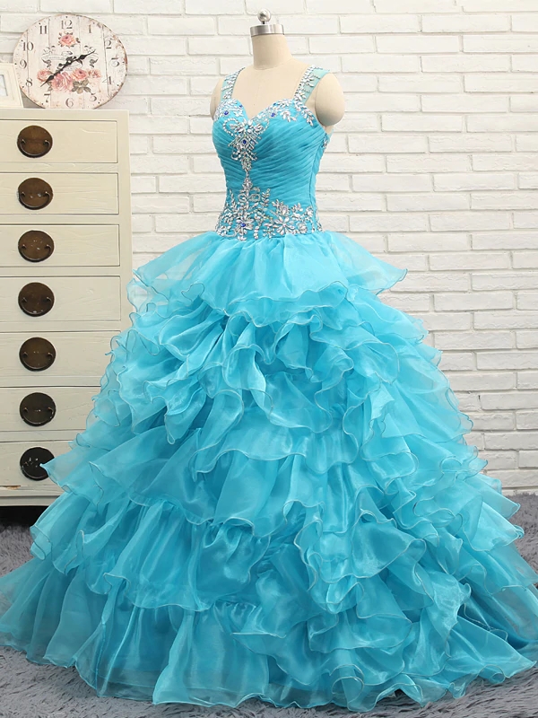 Blue Organza Sweetheart Quinceanera Dresses,long Crystal Ruffles Prom Gowns M231 on Luulla