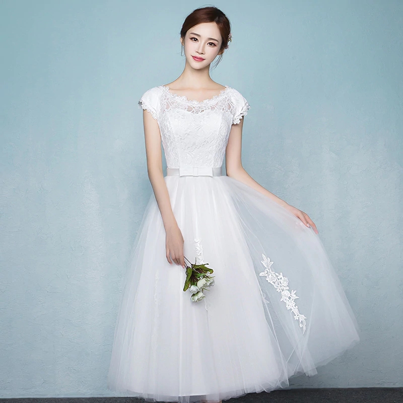 Simple White Tea Length Vintage Wedding Dress, White Lace Graduation ...