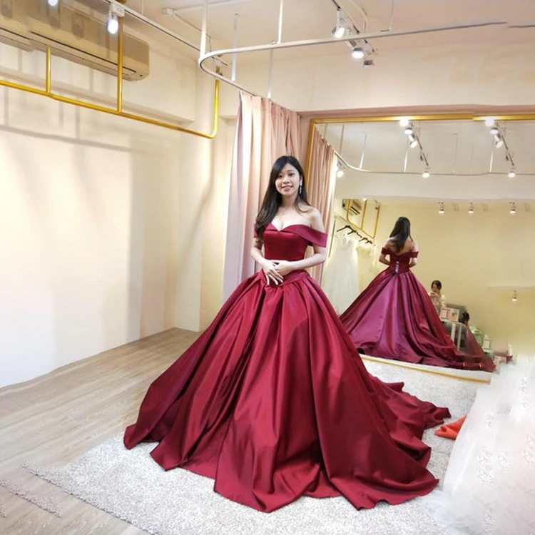 Dark Red Satin Ball Gown Long Sweet 16 Party Dress, Off Shoulder Formal ...
