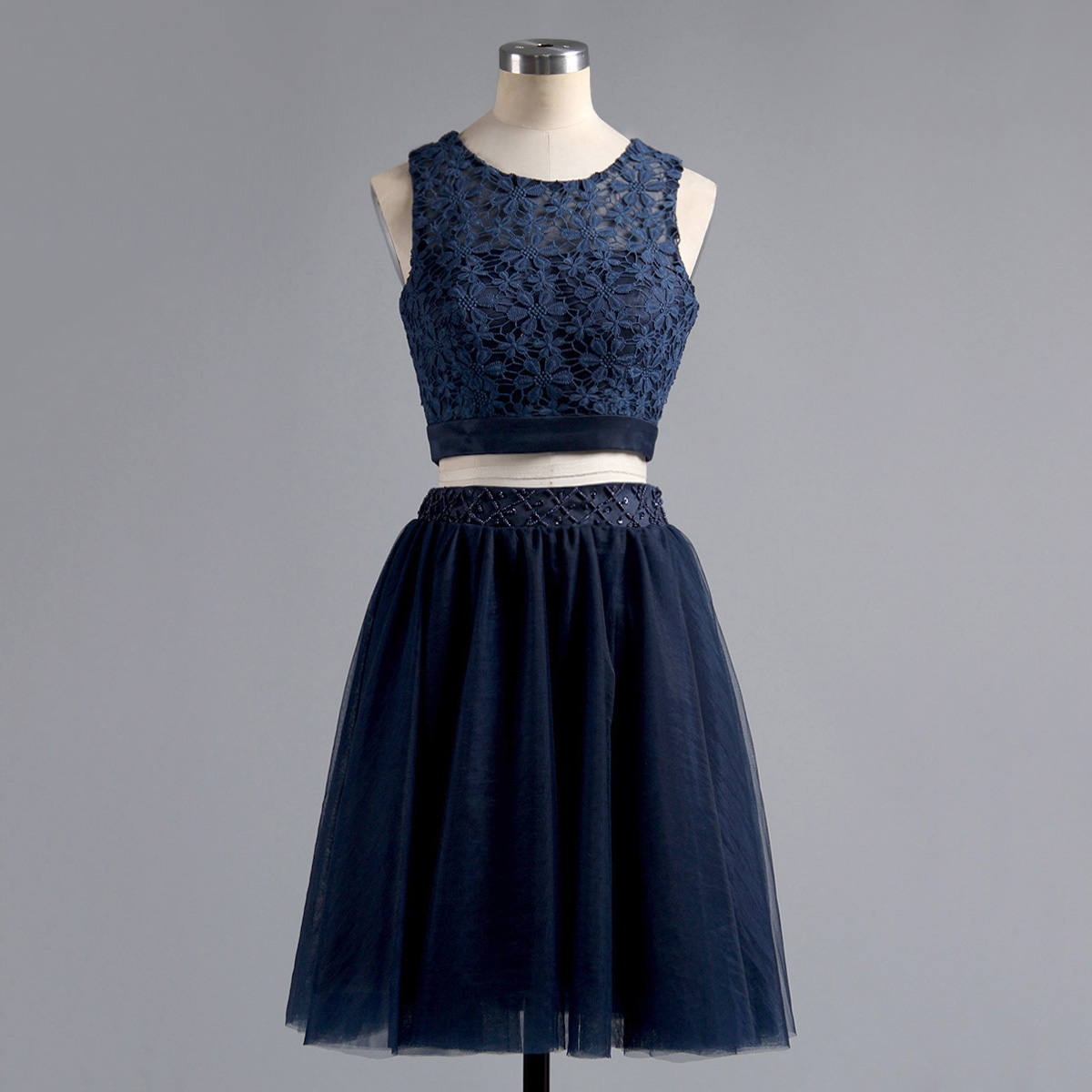 Dark Navy Two Piece Homecoming Dresses Scoop Neck Lace Tulle Crop Top ...