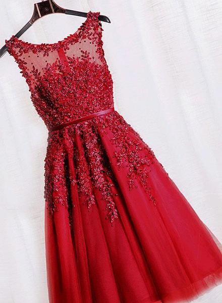 Hand Made Red Tea Length Round Homecoming Dresses Lace Applique Party ...