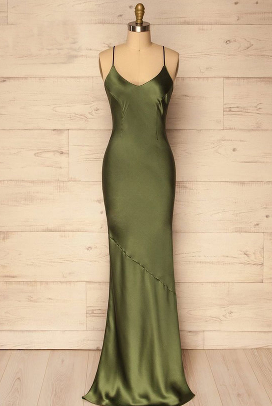 A Line Spaghetti Straps Hand Made Green Sheath Prom Dresses Evening ...