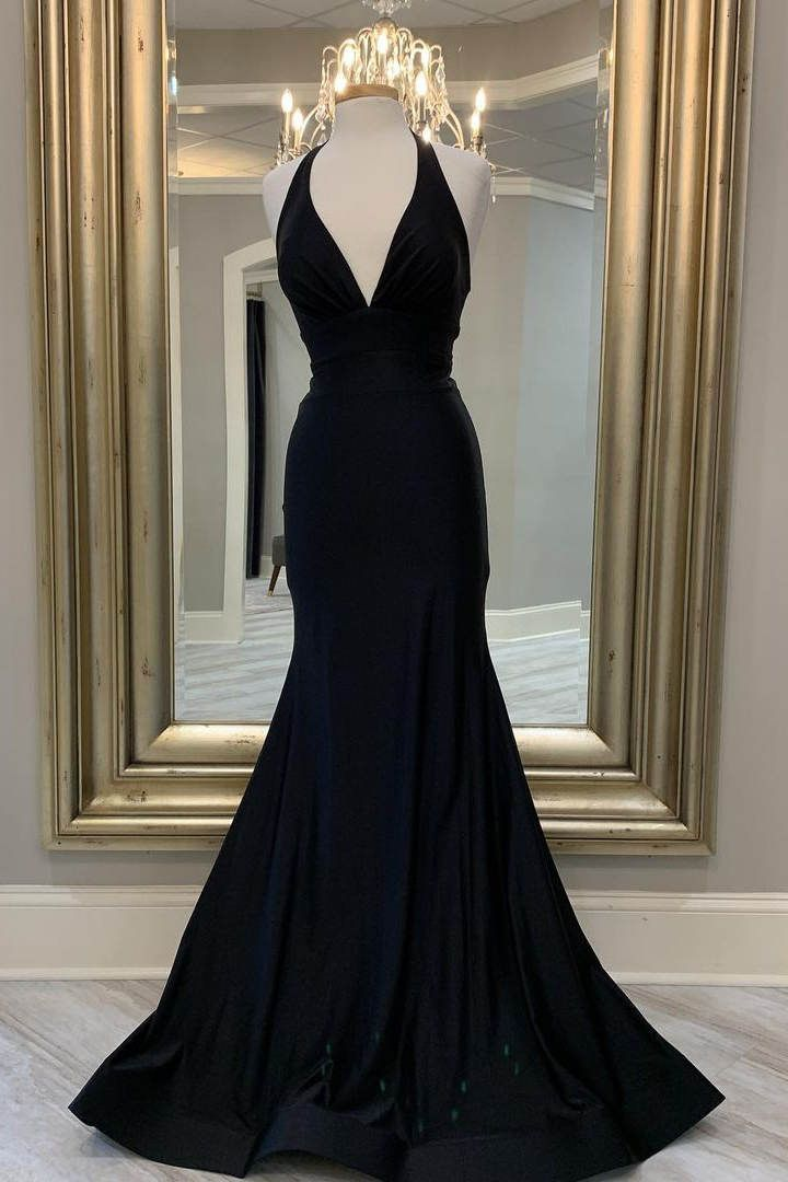 Halter Mermaid Black Deep V-neck Evening Dress Backless Long Prom Dress ...