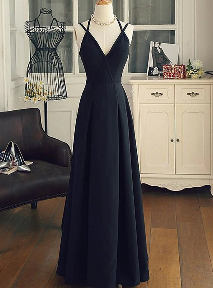 Black A Line V Neck Long Prom Dresses With Corss Back Formal Occasion ...