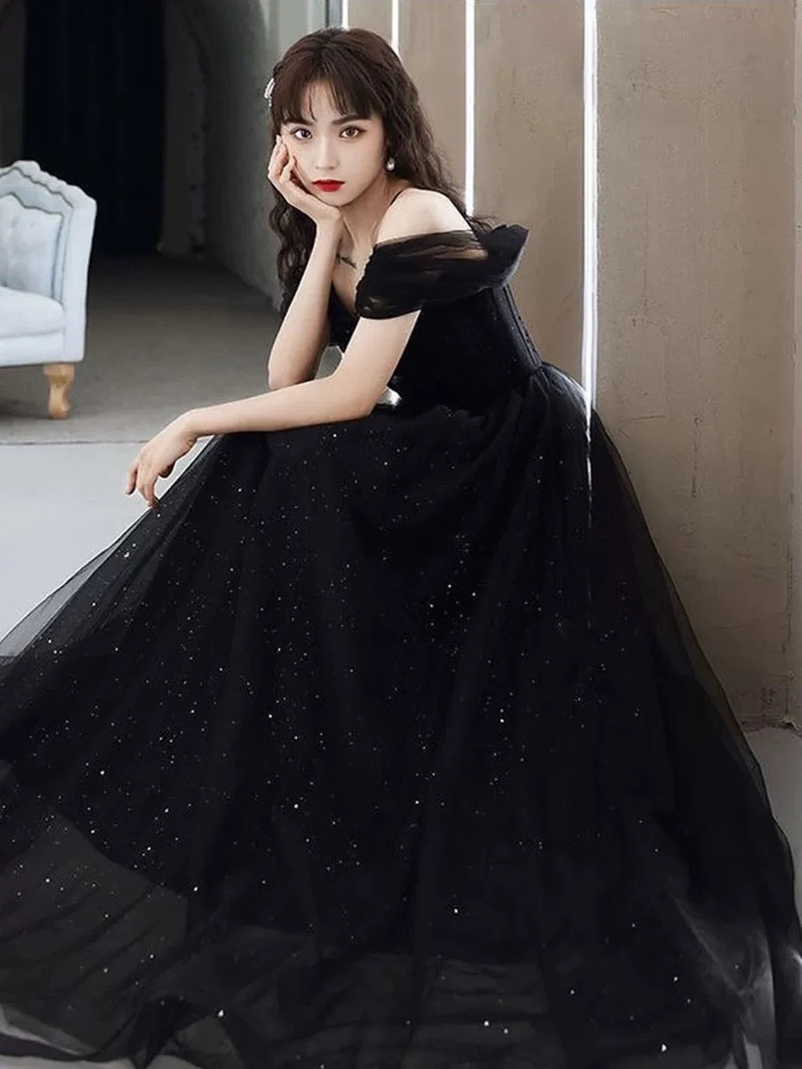Black Off Shoulder A-line Full Length Prom Dress Hand Made Evening ...