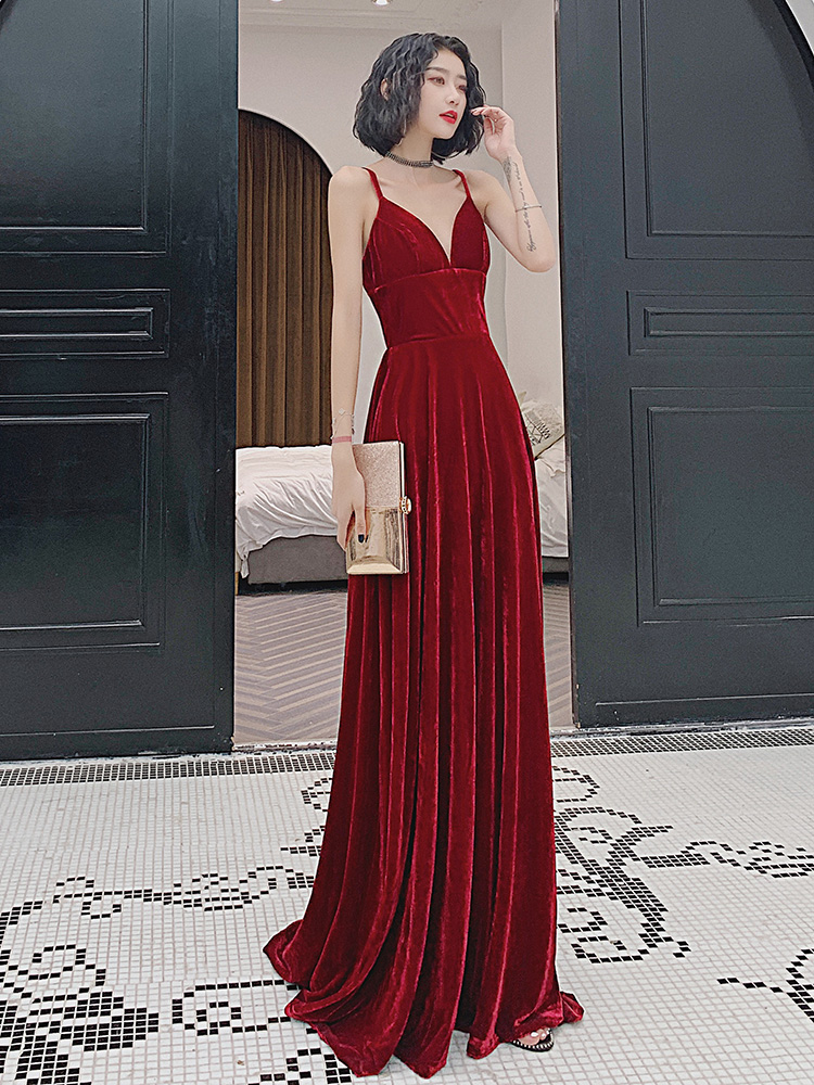 Wine Red Velvet Straps Long Evening Dress Prom Dress Hand Made A-ine ...