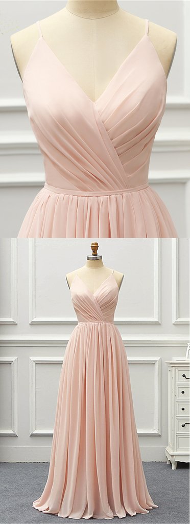 Beautiful Pink Chiffon Strps Long Prom Dress, Pink Bridesmaid Dress ...