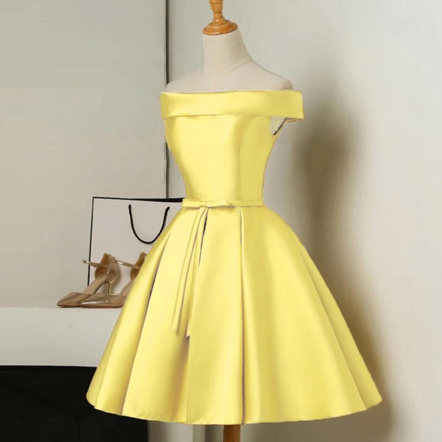 Off-shoulder Yellow Satin Evening Gown Dress on Luulla