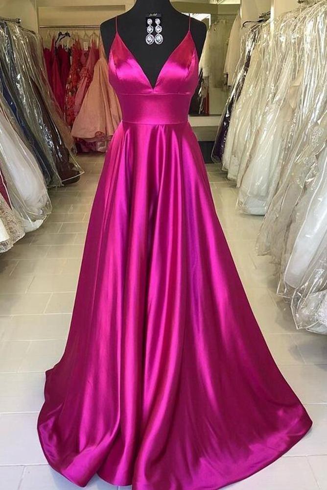 Rose Red V-neck A-line Long Prom Dress Popular Dance Dress Fashion ...