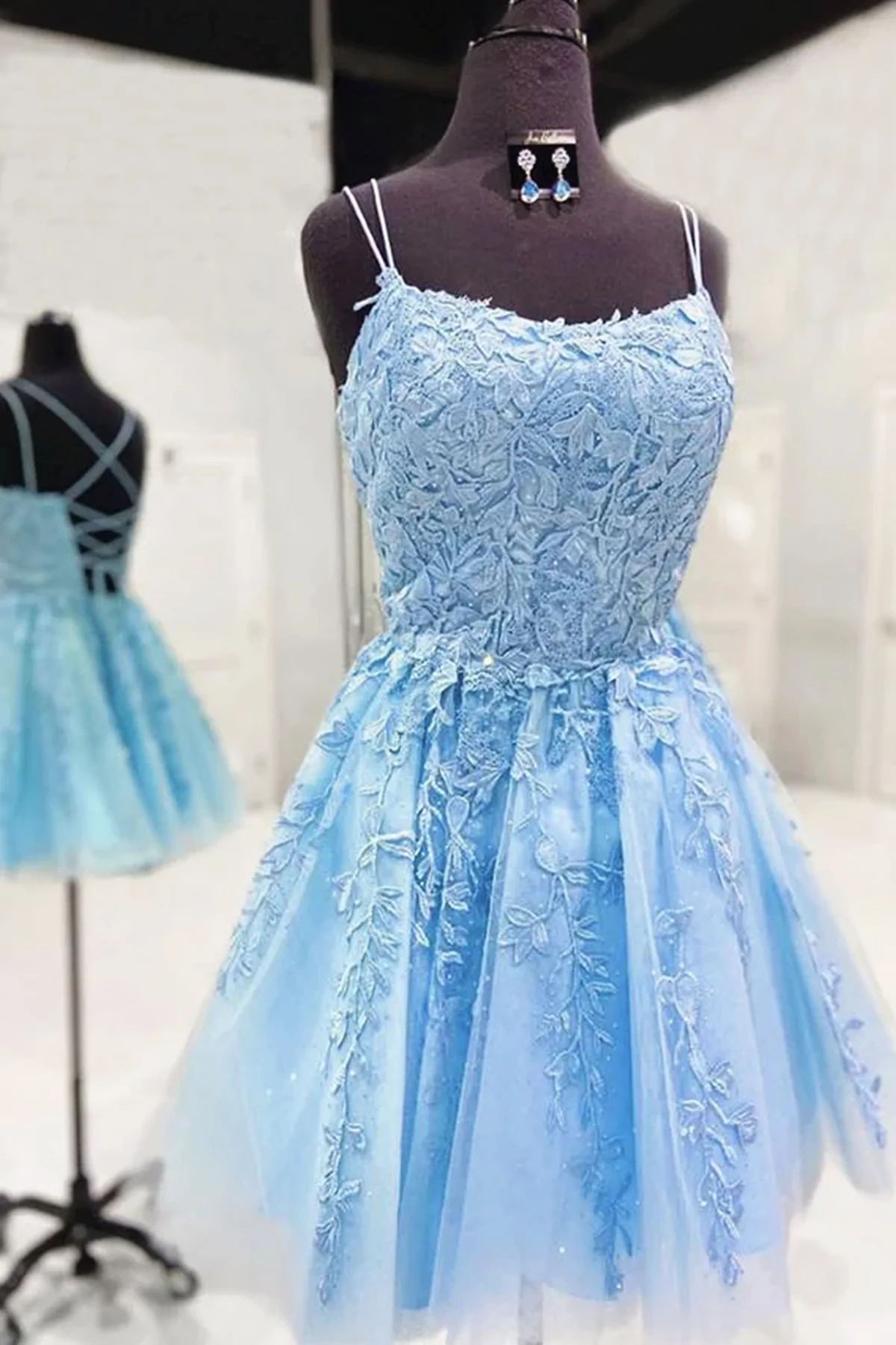 Light Blue Lace Prom Dresses Short Lace Graduation Homecoming Dresses ...