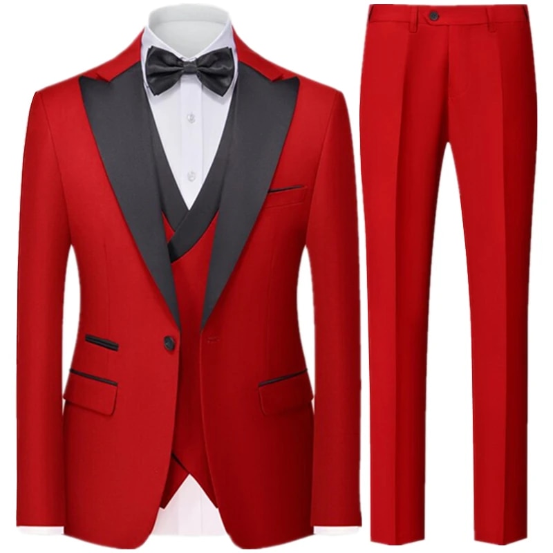 Red Three-piece Tuxedo With Black Lapels Suit on Luulla