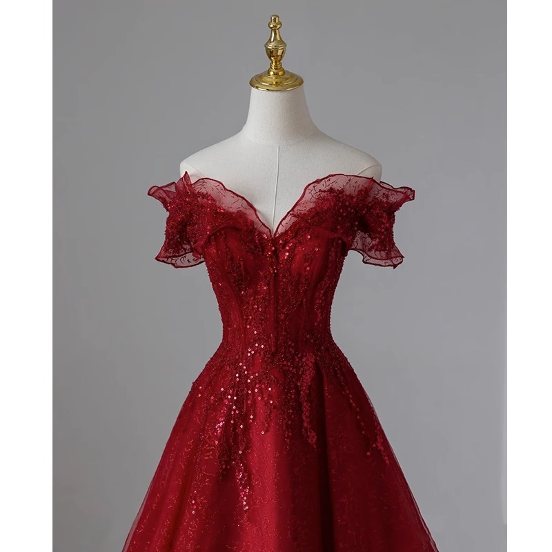 Off The Shoulder Full Length Red Evening Dress For Women Banquet Formal ...