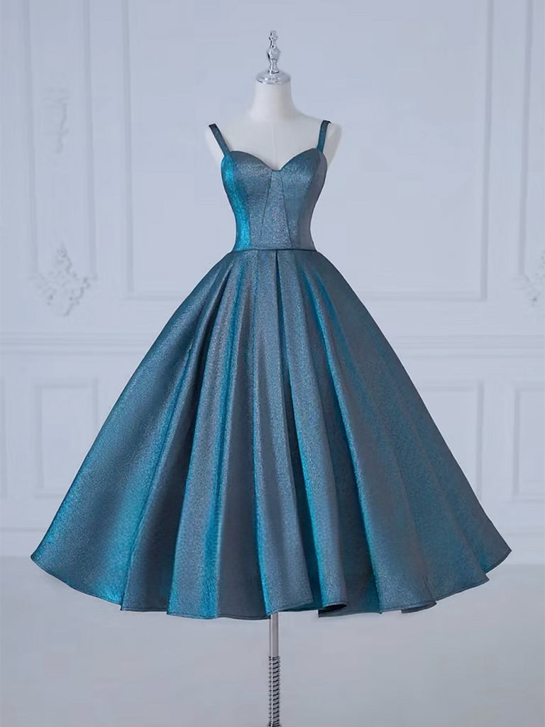 A-line Sweetheart Neck Satin Tea Length Blue Prom Dress Formal Dress ...