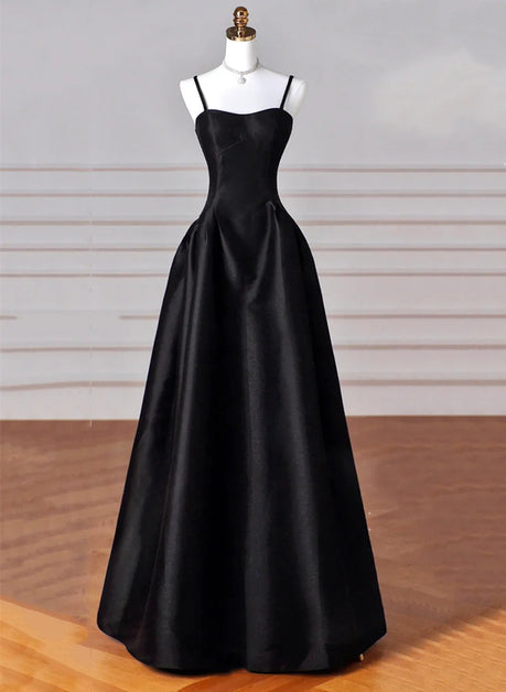 Black A-line Straps Satin Long Party Dress Long Prom Dress Evening ...