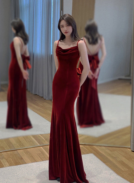 Wine Red Velvet Long Formal Party Dress Mermaid Open Back Long Prom ...