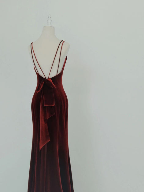 Wine Red Velvet Long Formal Party Dress Mermaid Open Back Long Prom ...