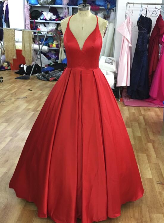 Red Satin Ball Floor Length Straps Cross Back Formal Gown Red Party ...