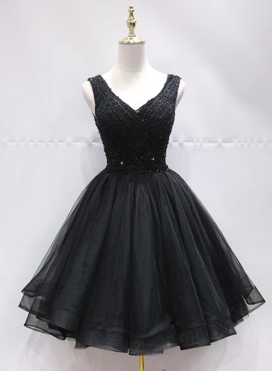 Black Tulle V Back Beaded Knee Length Homecoming Dress, Black Short ...